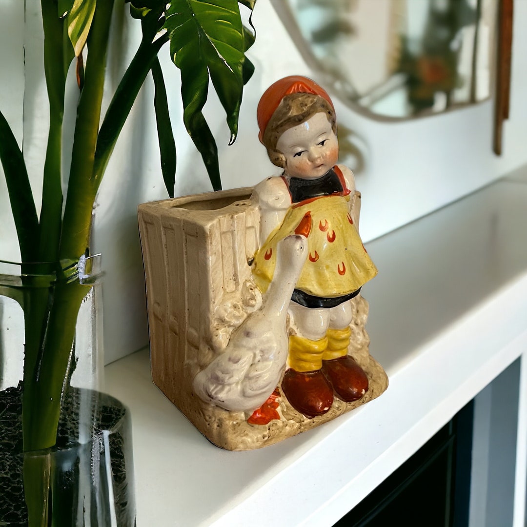 Vintage Hummel Style Planter. Little Girl and Her Pet Goose. Made in ...