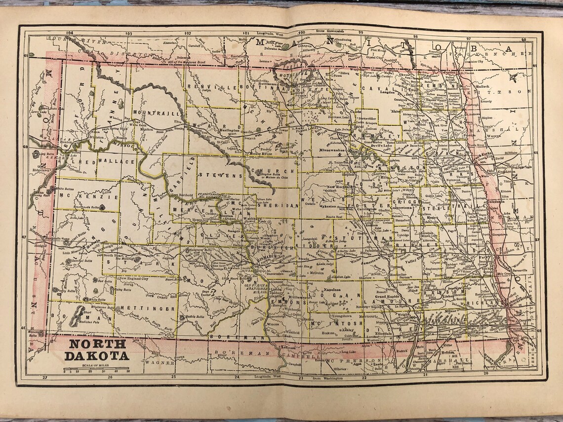 1893 North Dakota Map. Vintage Map of North Dakota. Antique | Etsy