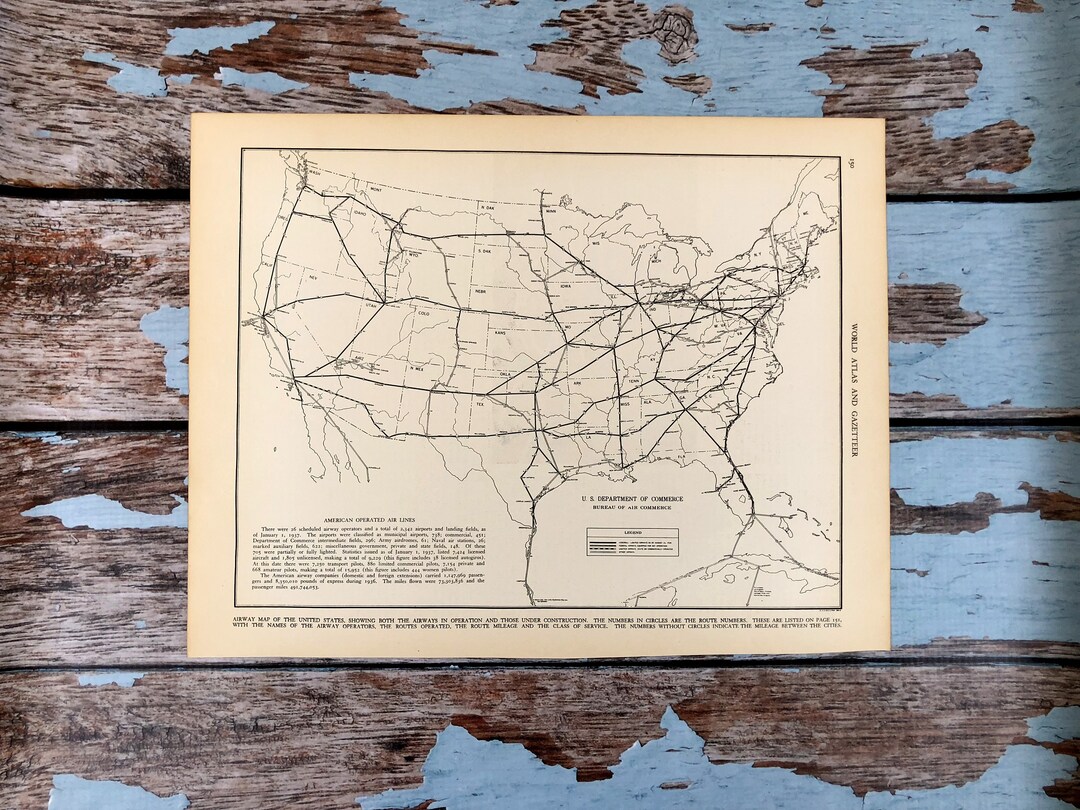 Airline Route Antique Map. C1937. 89 Year-old Historical Print ...