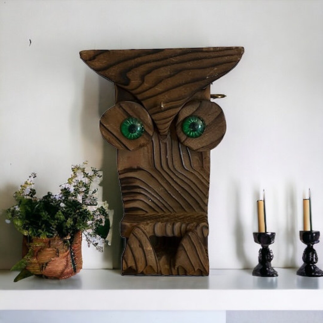 1970s Owl Bar Tool Holder. Vintage Handmade Raised Grain Wood Cocktail ...