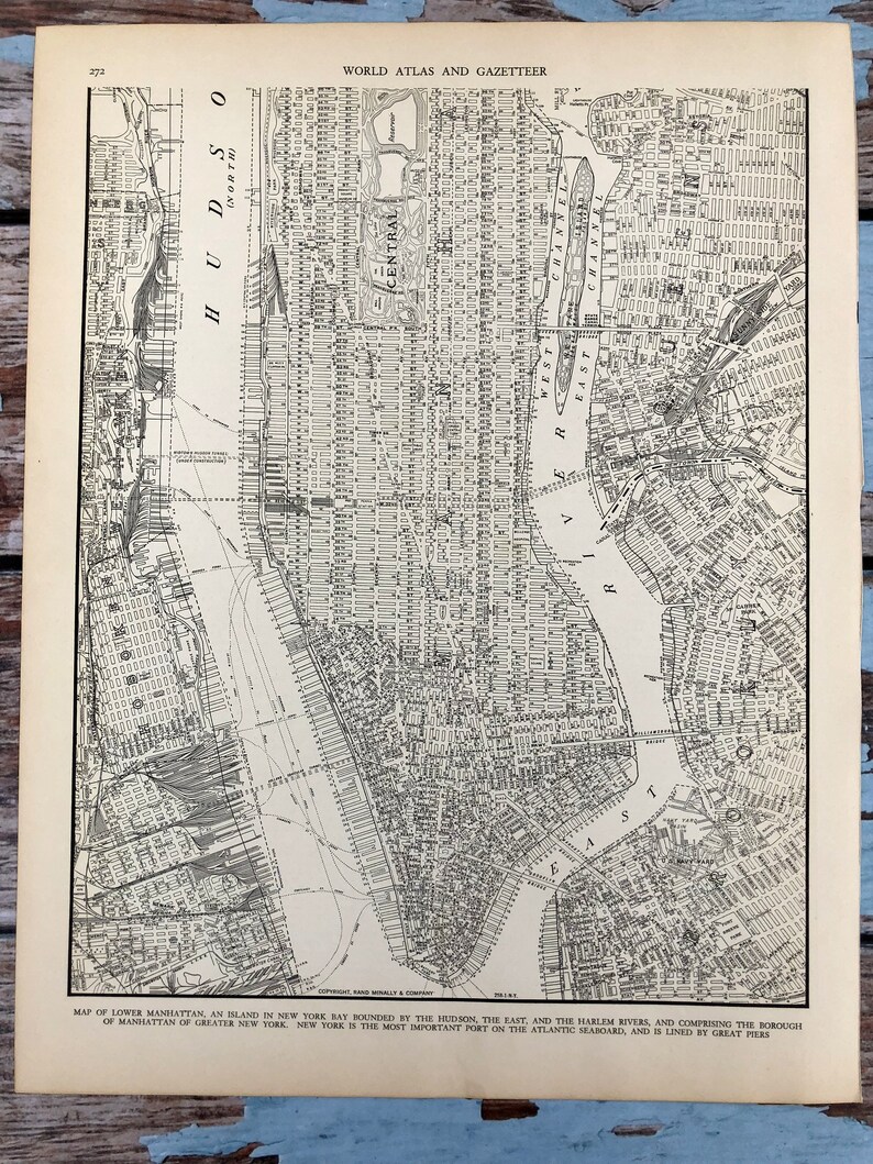 Antique Map of Lower Manhattan. New York City Map. NYC 1937 Historical ...
