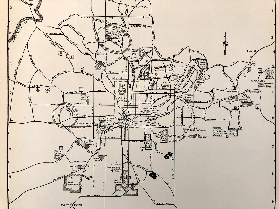 Antique Map of Atlanta. City Map. 1937 Historical Print, Lithograph ...