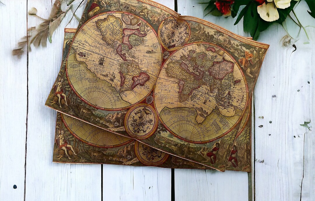 Antique Map Page Inserts. 1950s. Old Timey XL Map Papers. Guard Pages ...