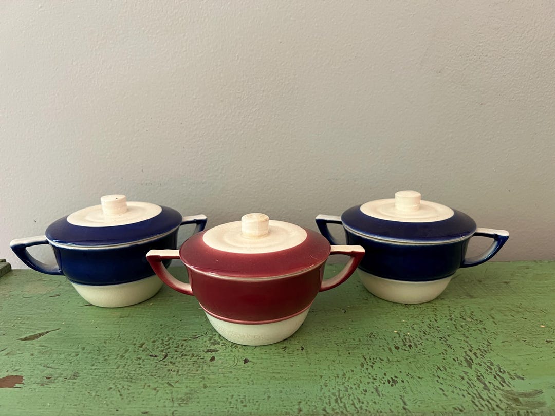 Cobalt & Maroon Ceramic Sugar Bowls With Lids. Maker- Salem. 2 Handled ...