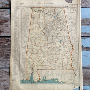 Alabama Antique Map. C1937. 89 Year Old Historical Print Lithograph to ...
