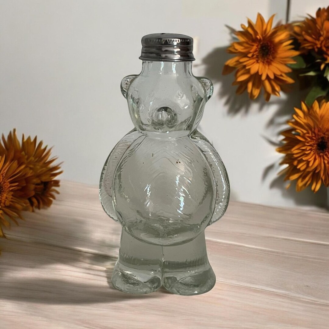 Vintage Clear Glass Teddy Bear Salt Pepper Shaker, 4.25h Figure, Metal ...