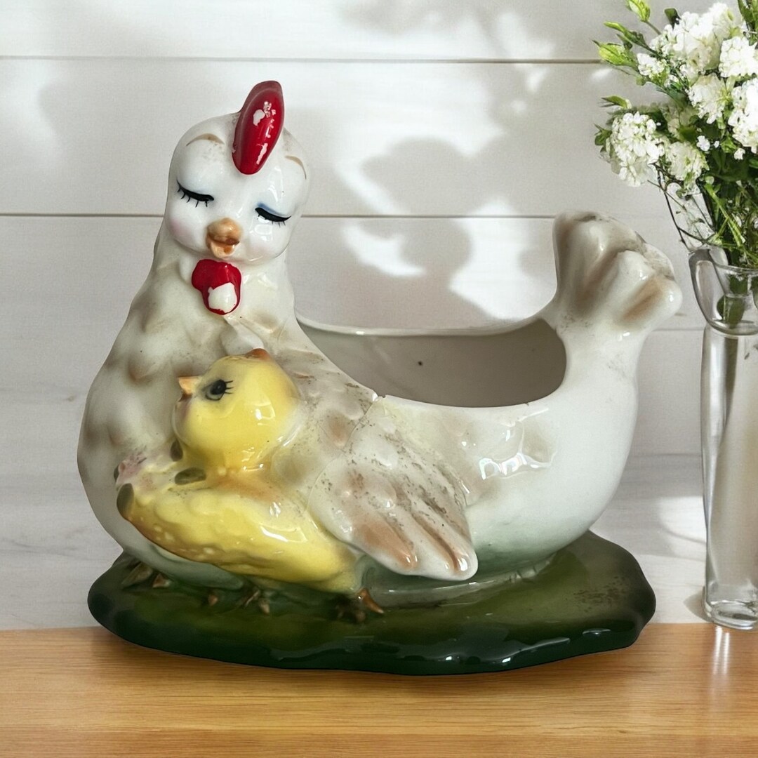 Vintage 1960s Chicken Planter by Lefton. Mama Hen With Baby Chick ...