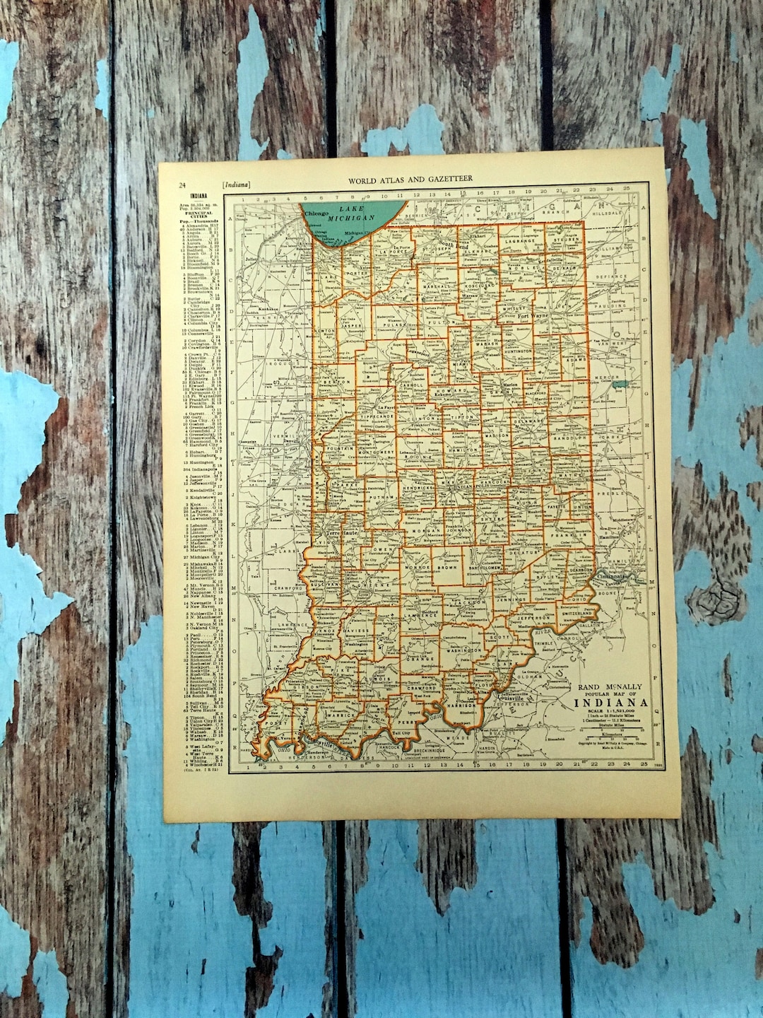 1937 Indiana Antique Map. Old State Map of Indiana. Historical Print ...