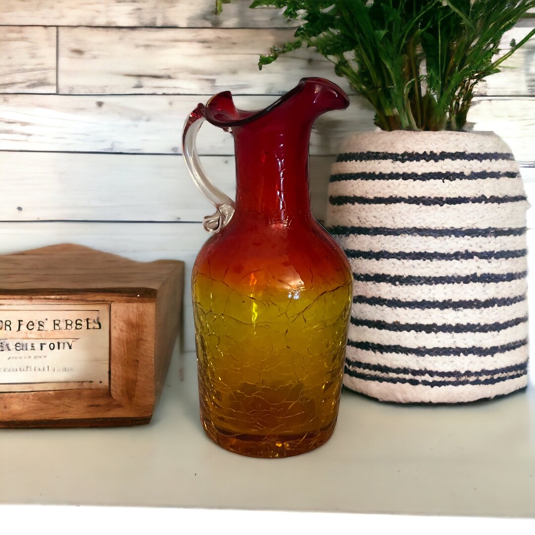 Amberina Vase, Cruet, Vintage Mini Pitcher. Red and Orange Crackle ...
