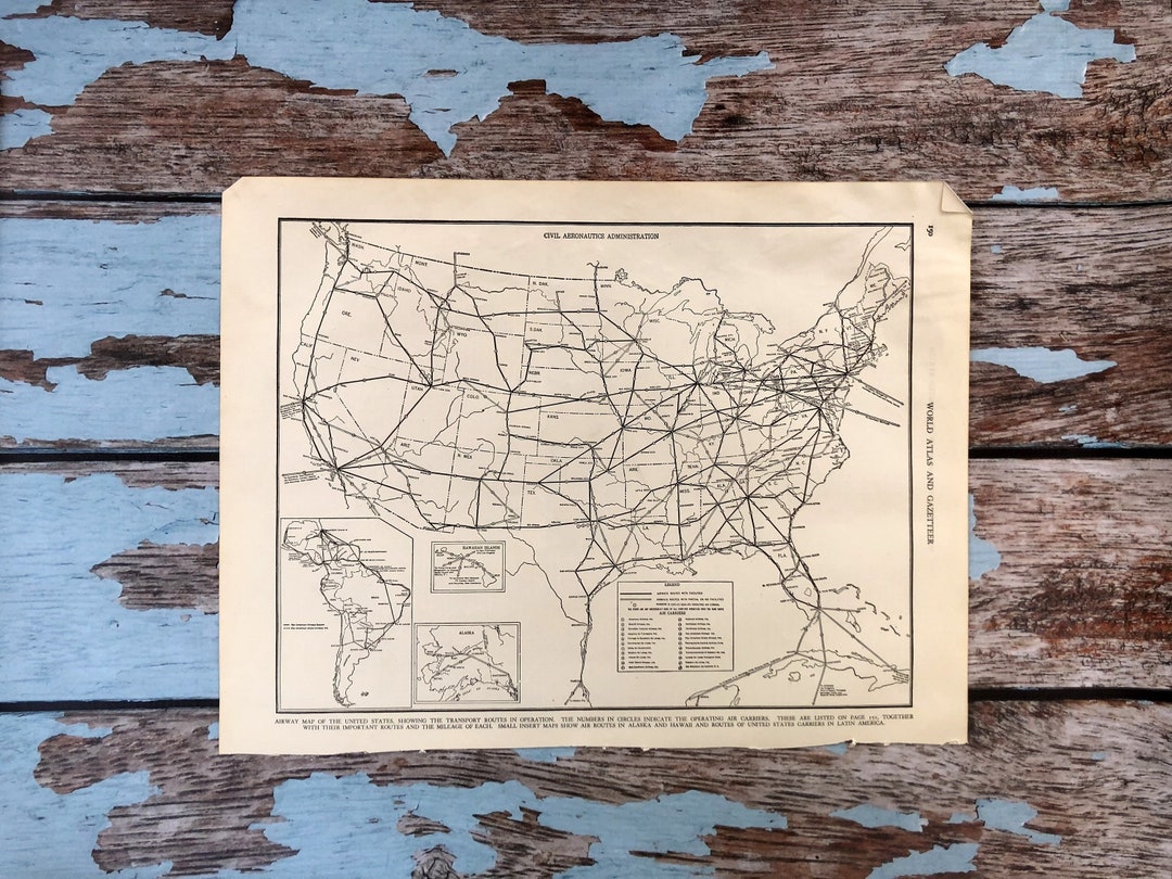 1937 Air Plane Map. American Operated Airline Routes. Historical Print ...