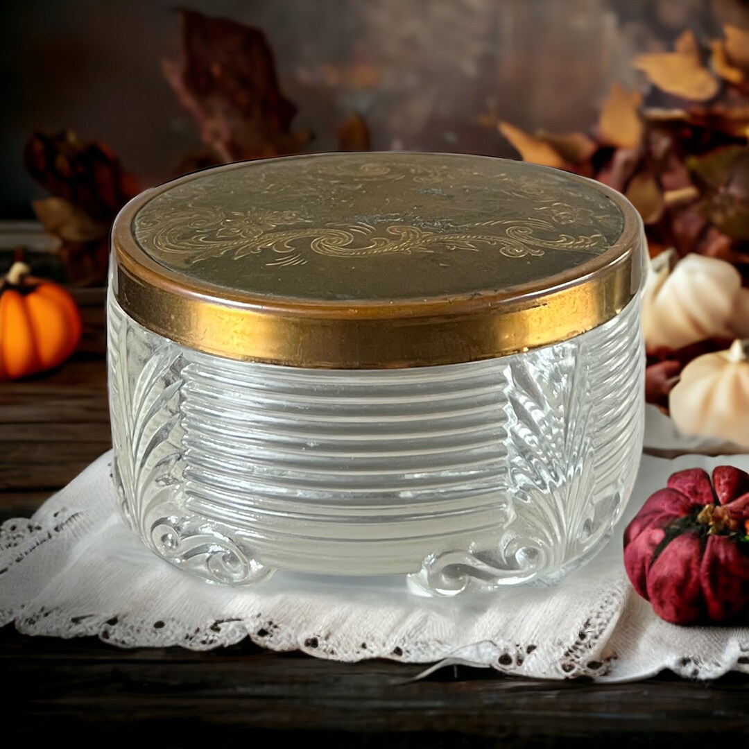 Vintage Art Deco Glass Powder Jar Vanity Container Metal Floral Scroll ...