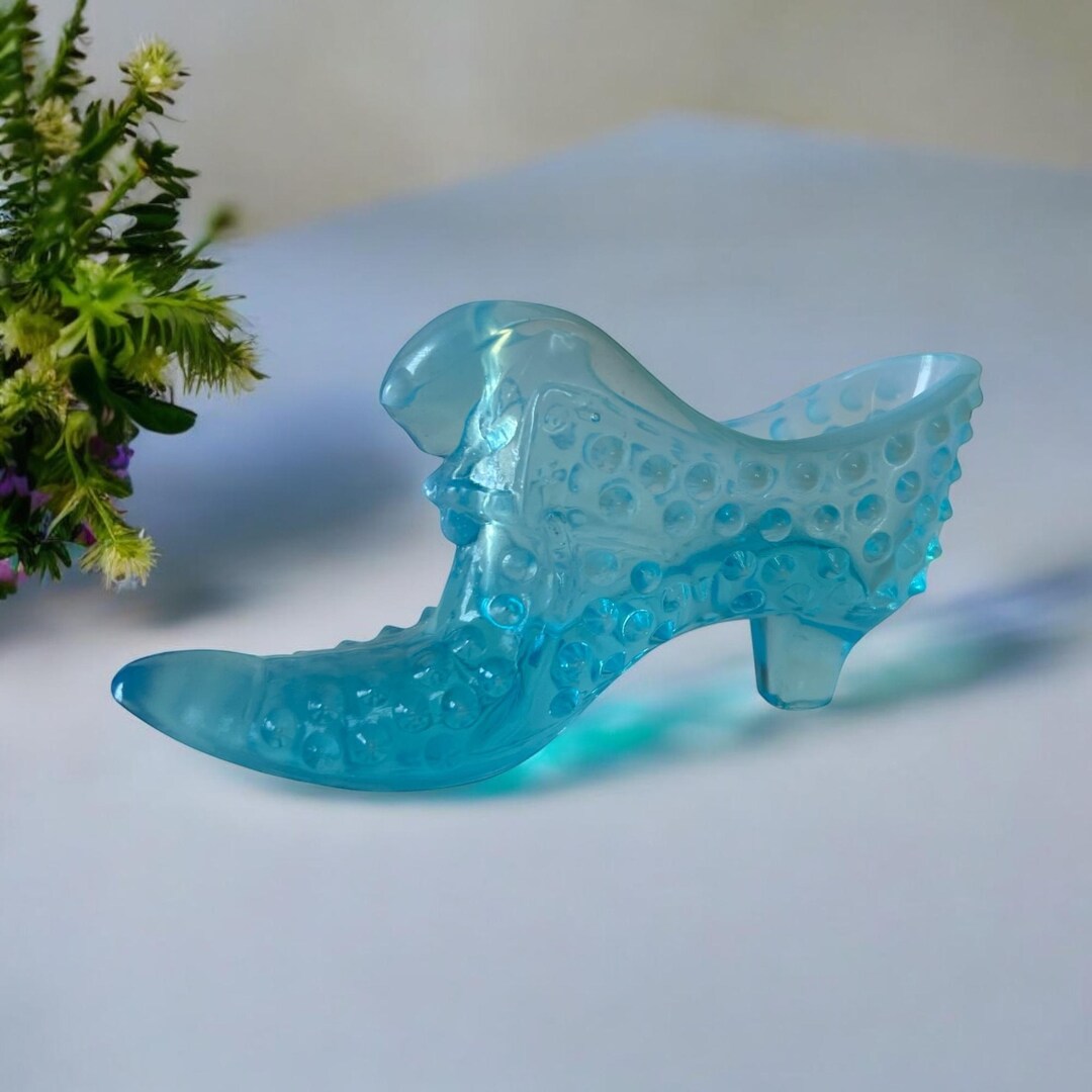 Vintage Fenton Blue Opalescent Hobnail Blue Glass Shoe Slipper Cart ...