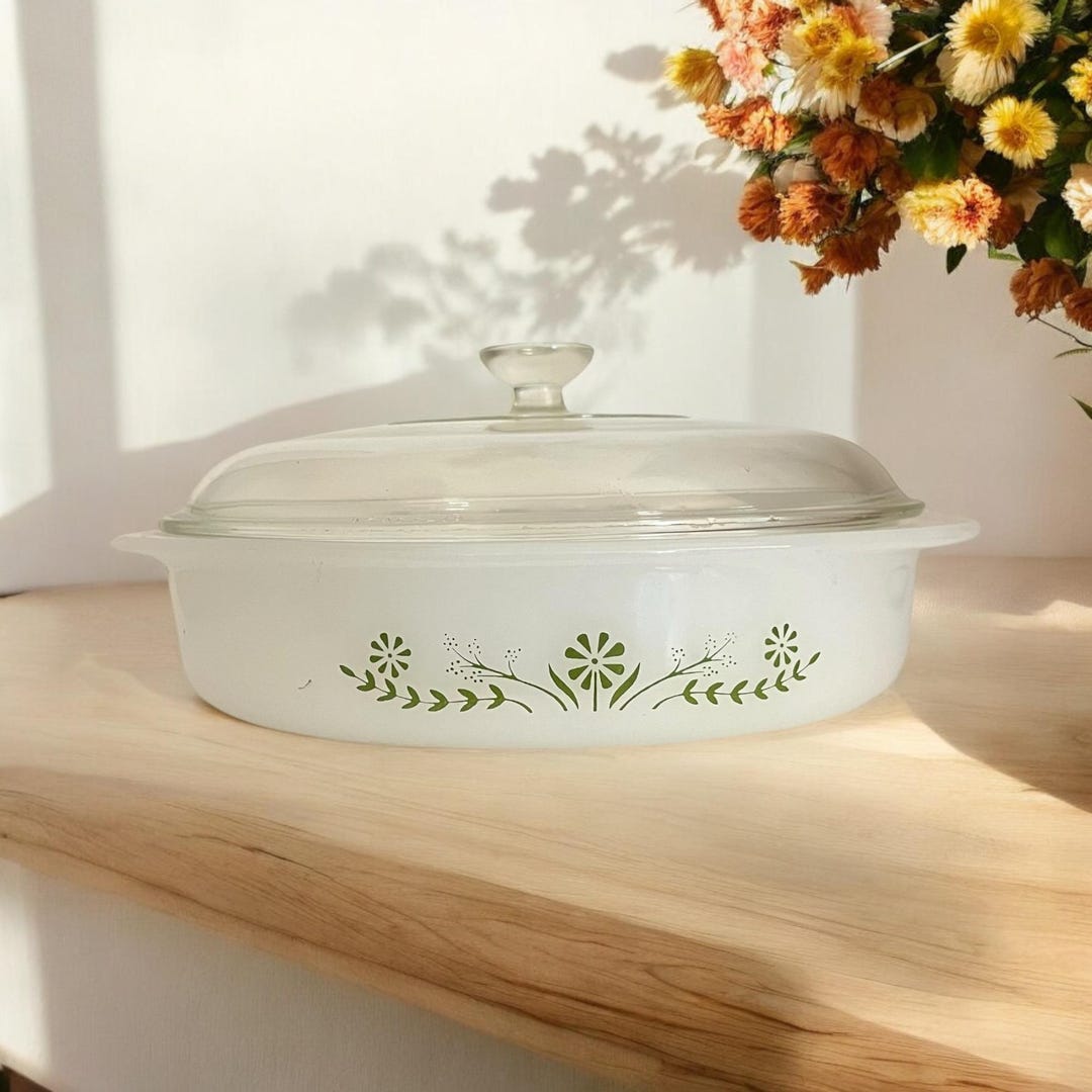 Vintage Glassbake - Green Daisy - Casserole - Milk Glass- Baking Dish ...