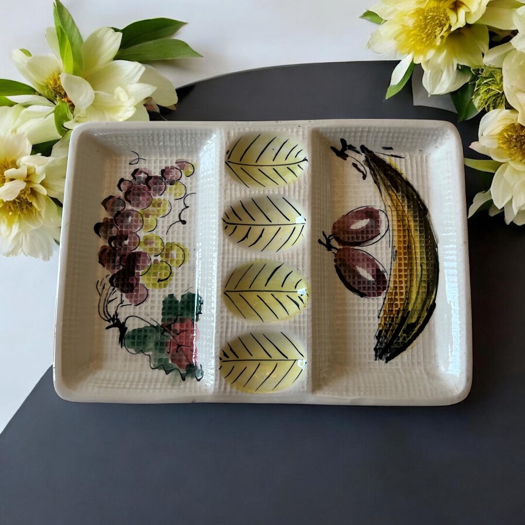 Vintage Hand Painted Fruit and Egg Tidbit Tray. Made in Italy. Ceramic ...