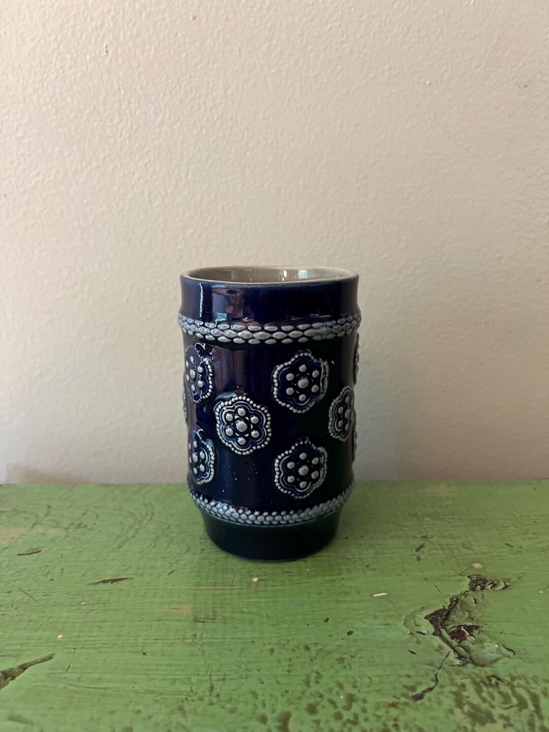Vintage Blue Polish Pottery Vase or Cup. Collectible Ceramics. Raised ...