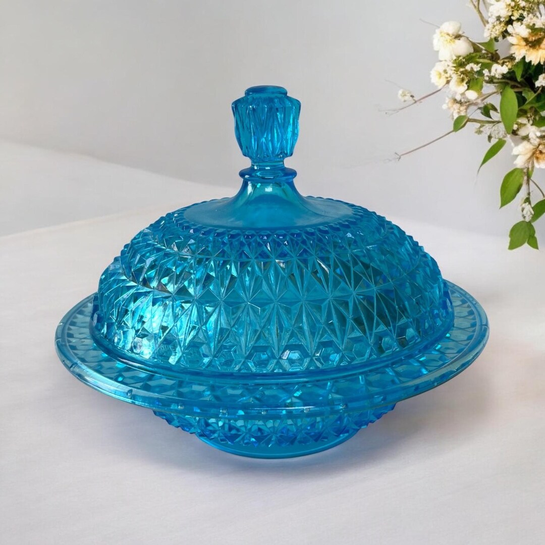 Rare- EAPG Blue Pressed Glass Covered Dish. by Central Glass Company ...