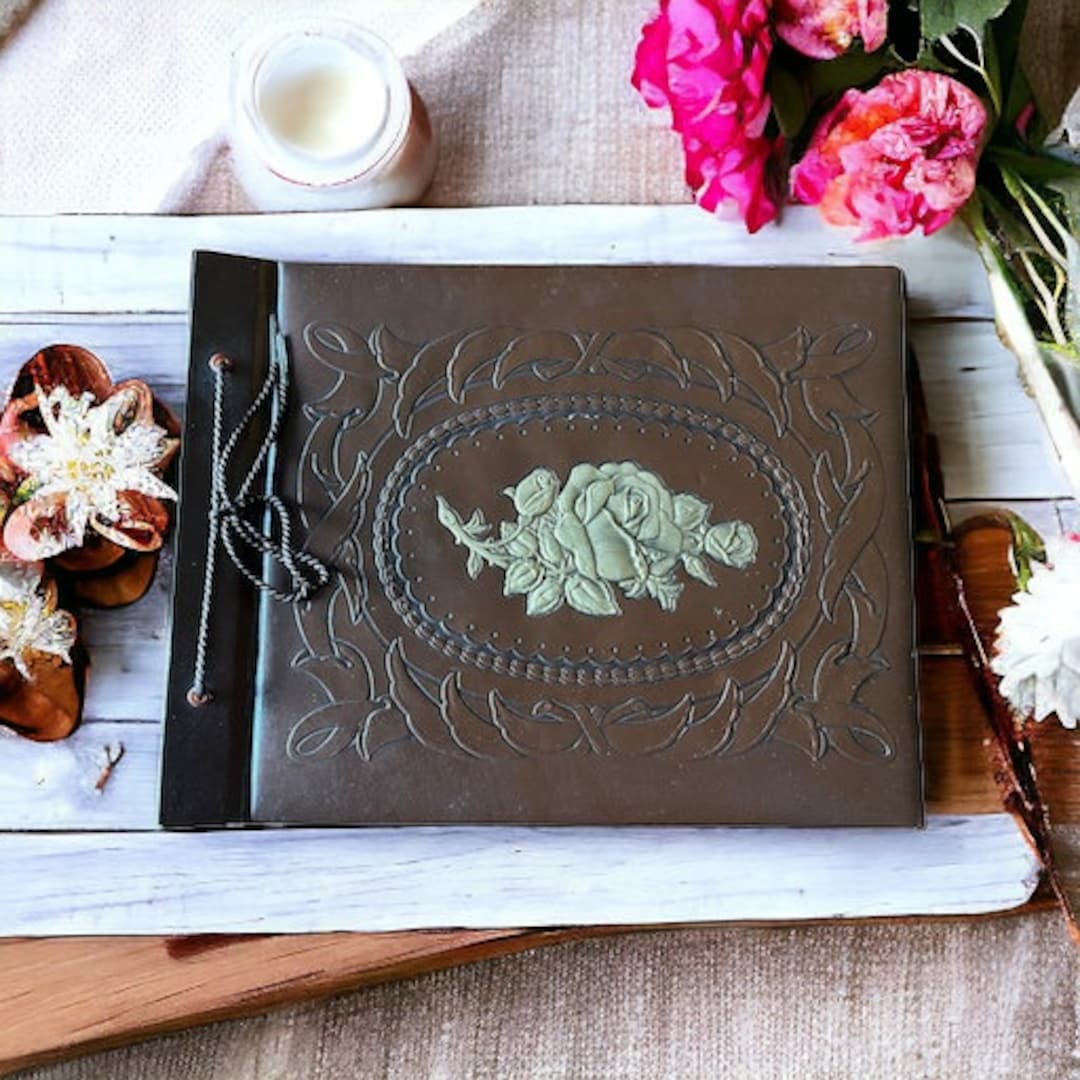 Vintage Blank Scrapbook. 1970s Brown Memory Book With Gold Flowers ...