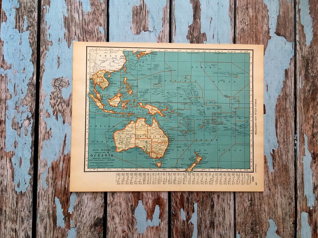 1937 South Pacific Antique Map. Oceania Historical Print, Lithograph ...