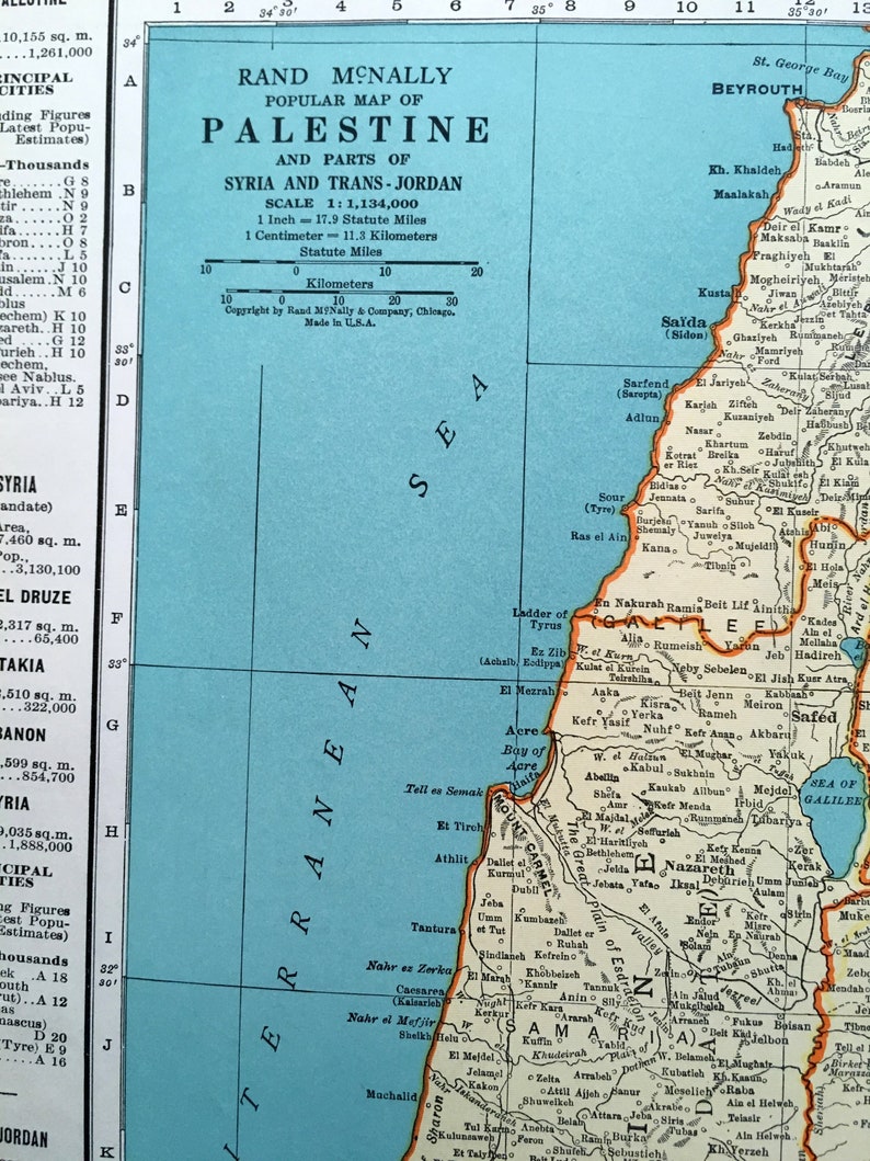 1937 Palestine Antique Map. Old Map of Palestine & | Etsy