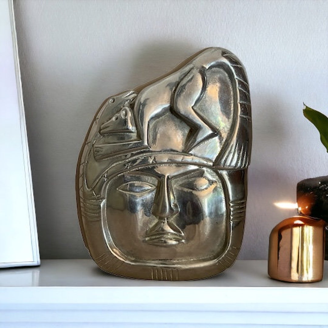 Mexican Tribal Mask Wall Hanging. Vintage Pewter Souvenir Mask. Aztec ...
