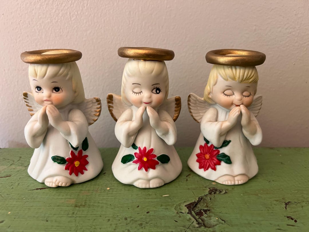 Trio of Vintage R.O.C Christmas Angel Bells With Poinsettia and Halo ...