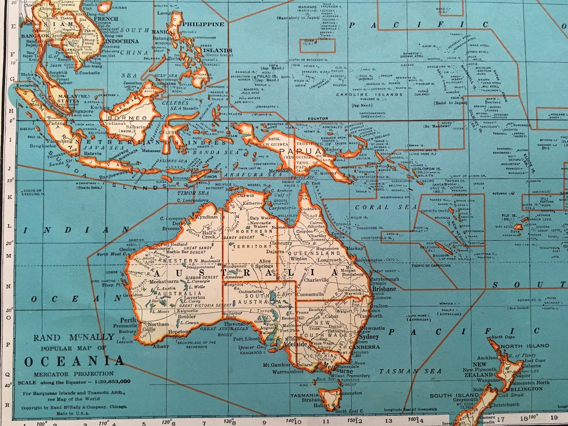 1937 South Pacific Antique Map. Oceania Historical Print | Etsy