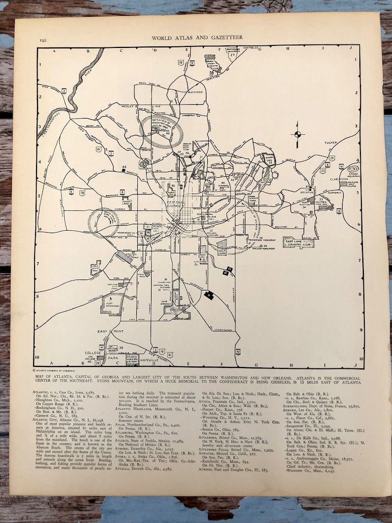 Atlanta Georgia Antique City Map. C1937. 89 Year Old Historical Print ...