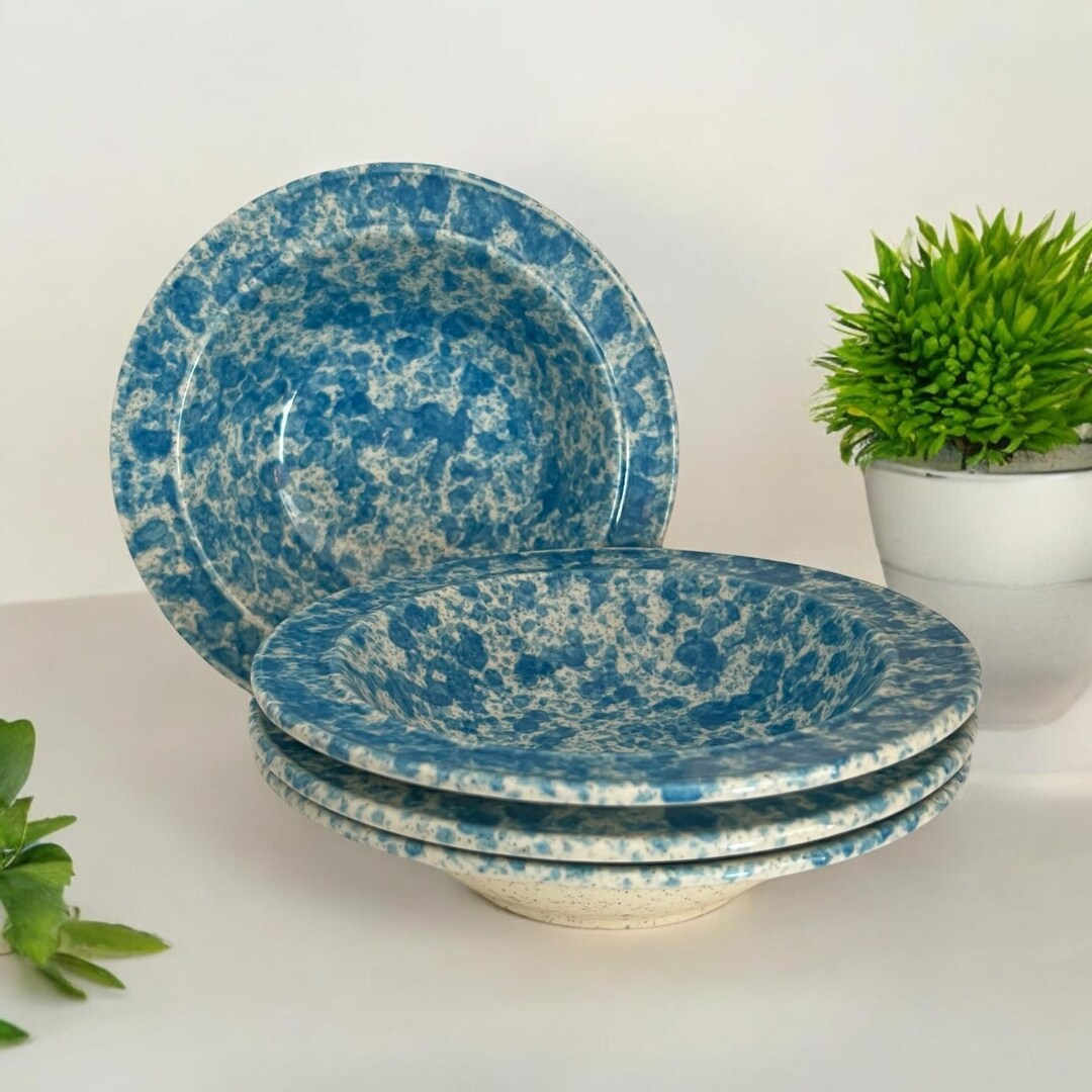 Set of 4 Blue Spongeware Cereal Bowls. Unmarked. Excellent Condition ...