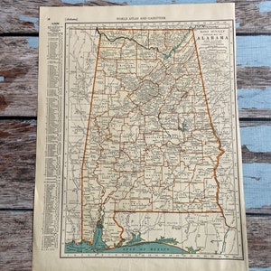 Alabama Antique Map. C1937. 89 Year Old Historical Print Lithograph to ...