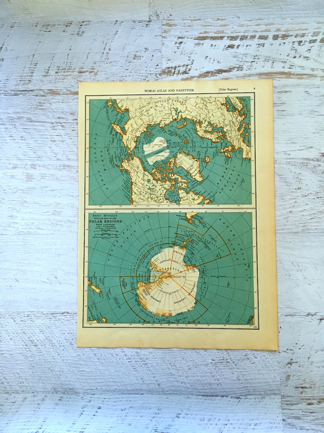 1937 Antique North & South Pole Map. Vintage Antarctica Map 83 Year Old ...