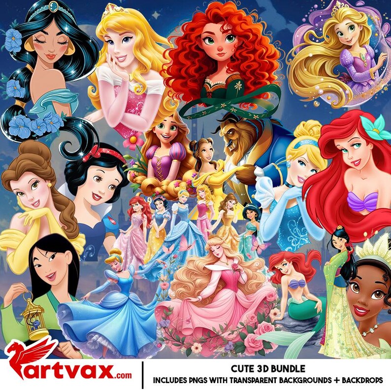 Princess PNG Clipart Bundle | 3D Digital Download | Belle Ariel Jasmine ...