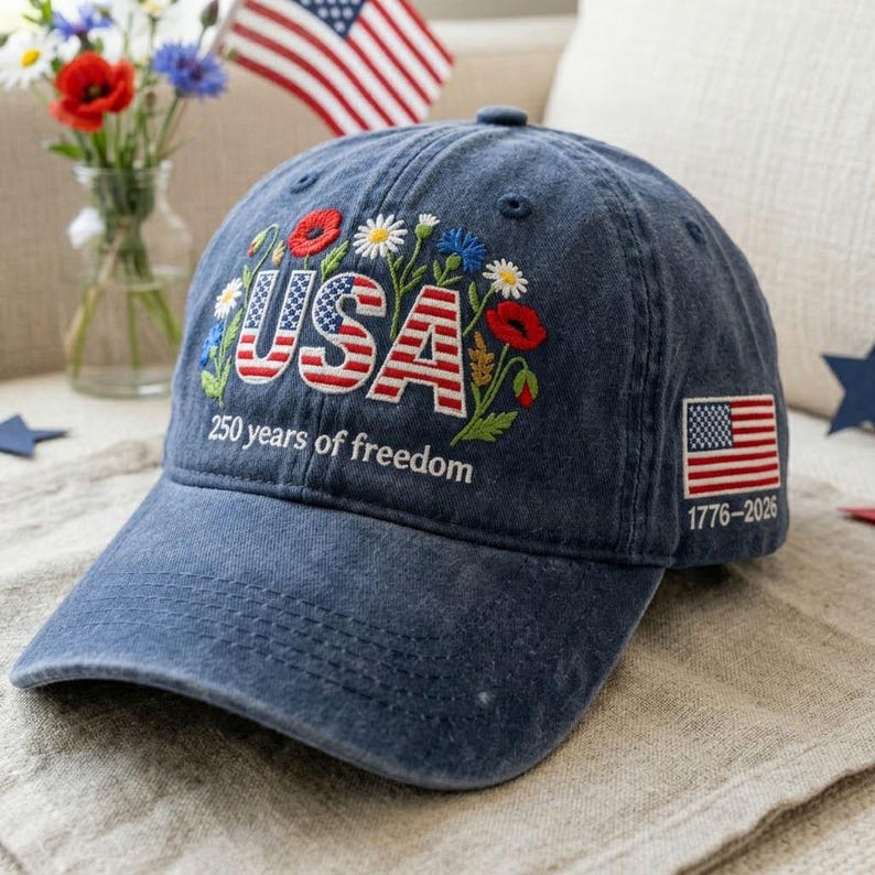 Embroidered 250th Anniversary Floral Hat, Patriotic Botanical American ...