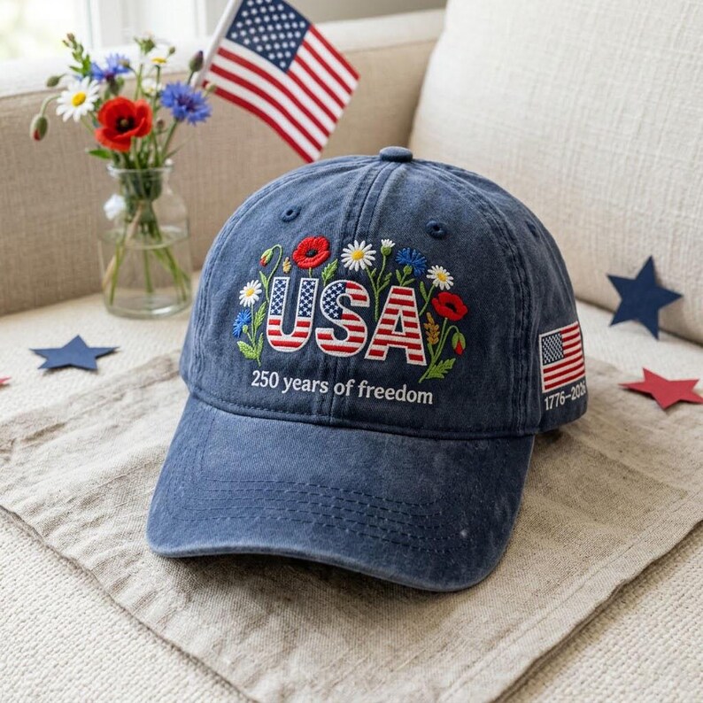 Embroidered 250th Anniversary Floral Hat, Patriotic Botanical American ...