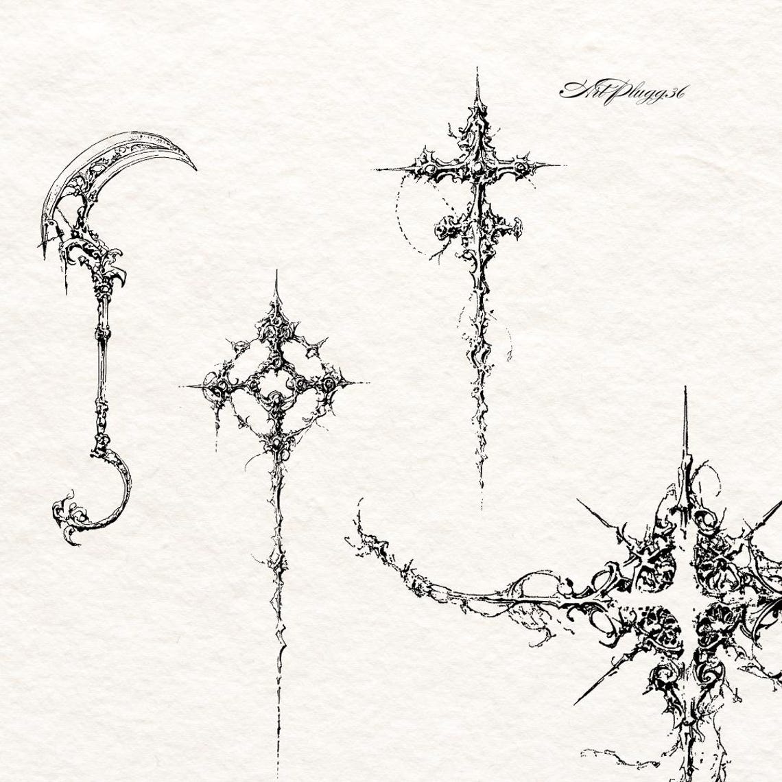 4 Gothic Blackwork Tattoo Stencils - Flash Cybersigilism Line Art One ...