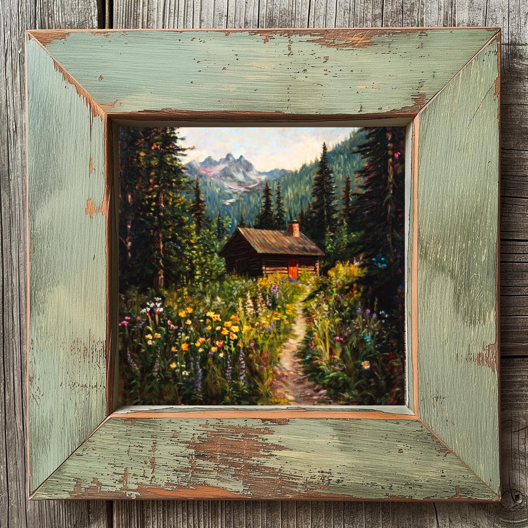 Rustic Cabin Art Print | Cottagecore Mountain Landscape Wall Decor ...