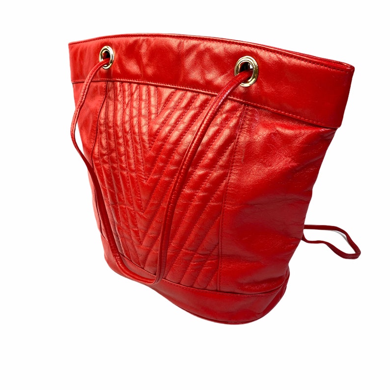 Vintage Nina Ricci Cherry Red Leather Quilted Bucket Bag Purse Shoulder ...