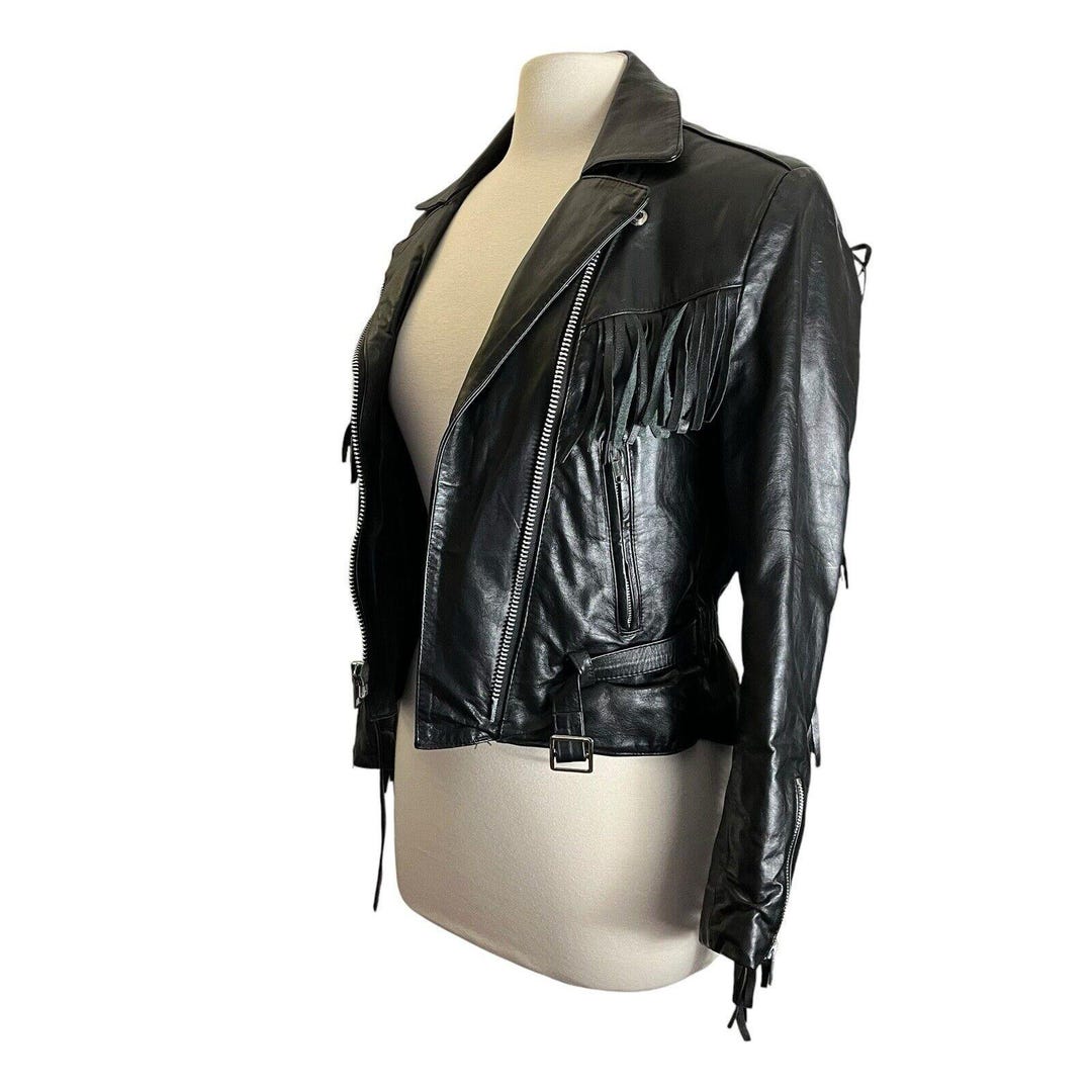 Vintage All American Rider Black Real Genuine Leather Fringe Biker Moto ...
