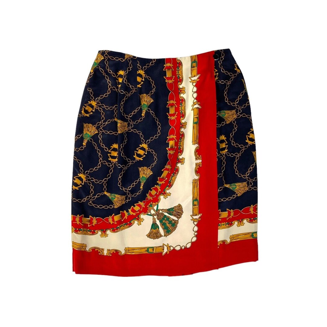 Vintage Barrie Pace Navy Red Tassel Chain Print 100% Silk Pencil Skirt ...