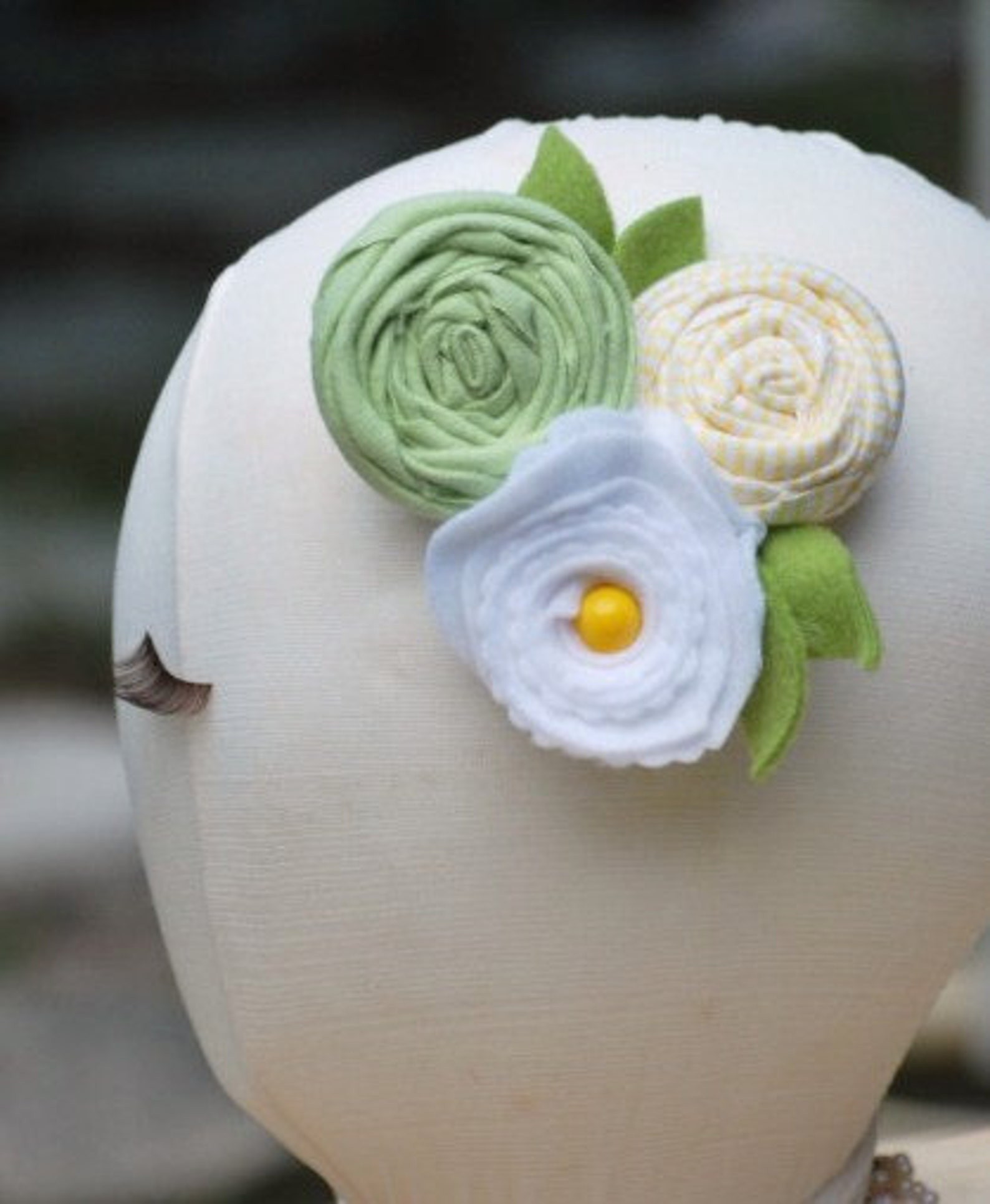 Hair Clip / Comb Green White Yellow. Preppy Stripe Rosette - Etsy