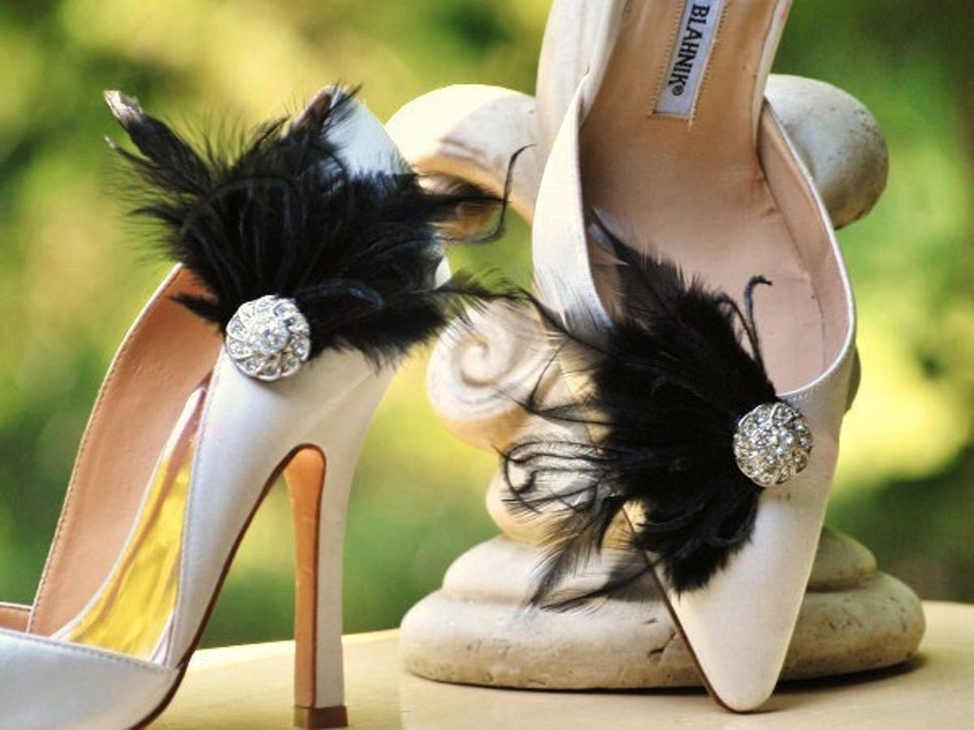 Black Shoe Clips. White Ivory Red Teal Blue Feathers & Silver ...