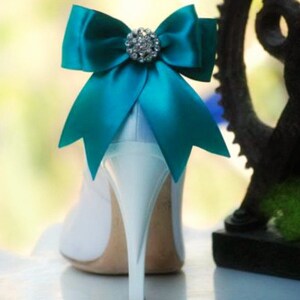 Shoe Clips TEAL Bow. Royal Blue White Ivory. Sparkly Rhinestone Crystal ...