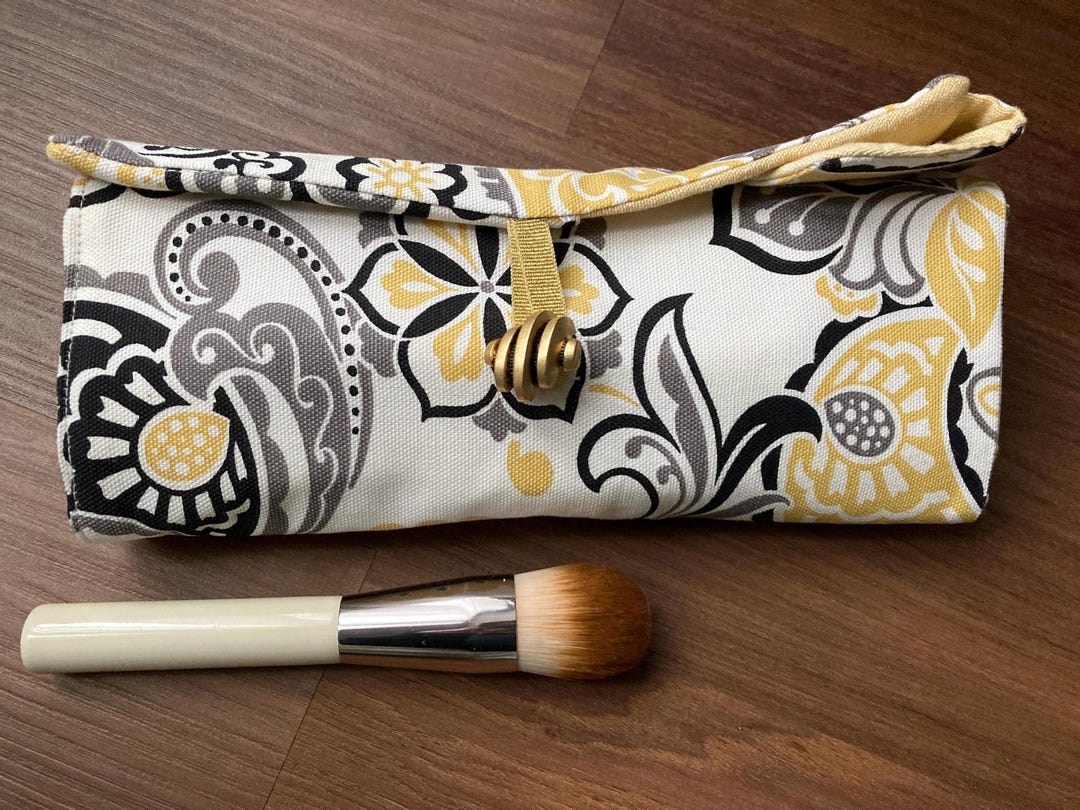 Butter Yellow Gray Paisley Cotton Makeup Brush Roll - Travel Brush ...