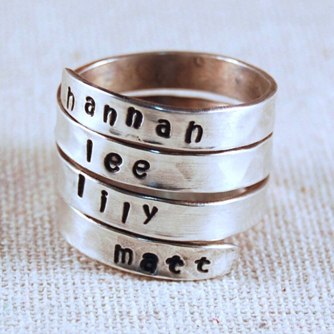 Mothers Ring for 4 Names Hand Stamped Ring Personalized Name Ring Wrap ...