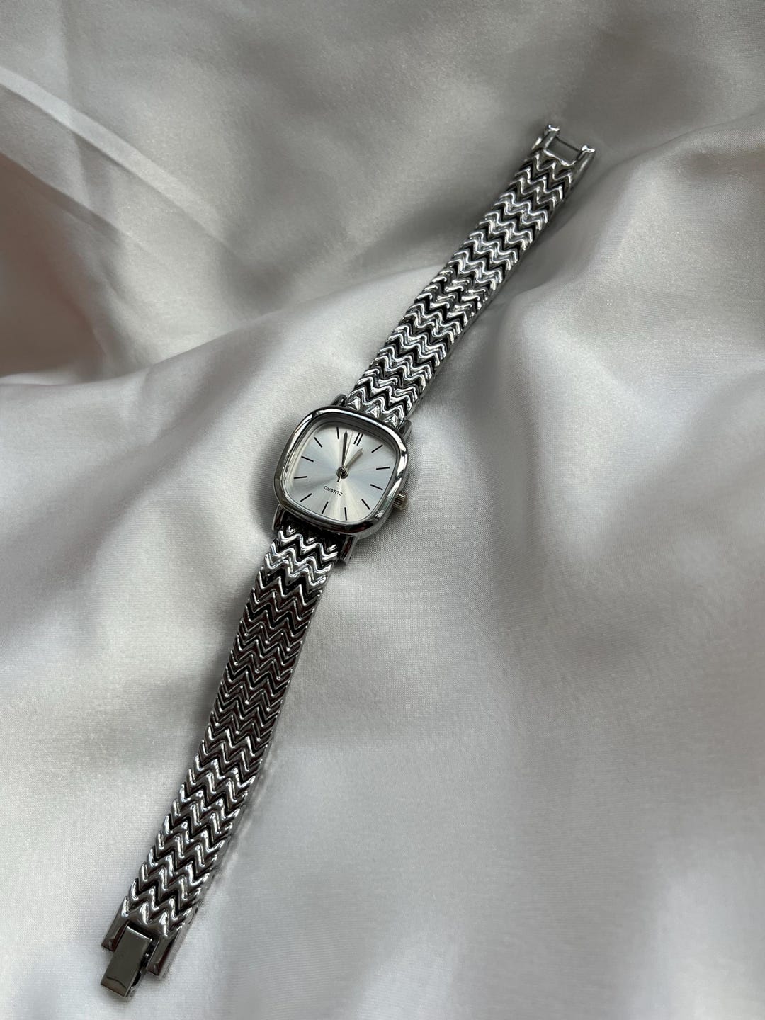 Vintage Silver Quartz Watch, Retro Square Dial Watch, Minimalist Silver ...