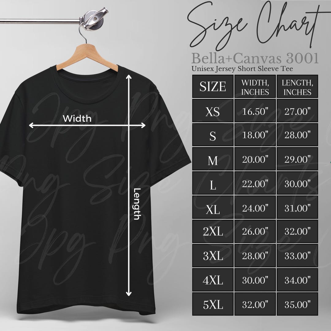 Bella Canvas 3001 Minimalist Size Chart, BC3001 Cheap Size Chart, Bella ...