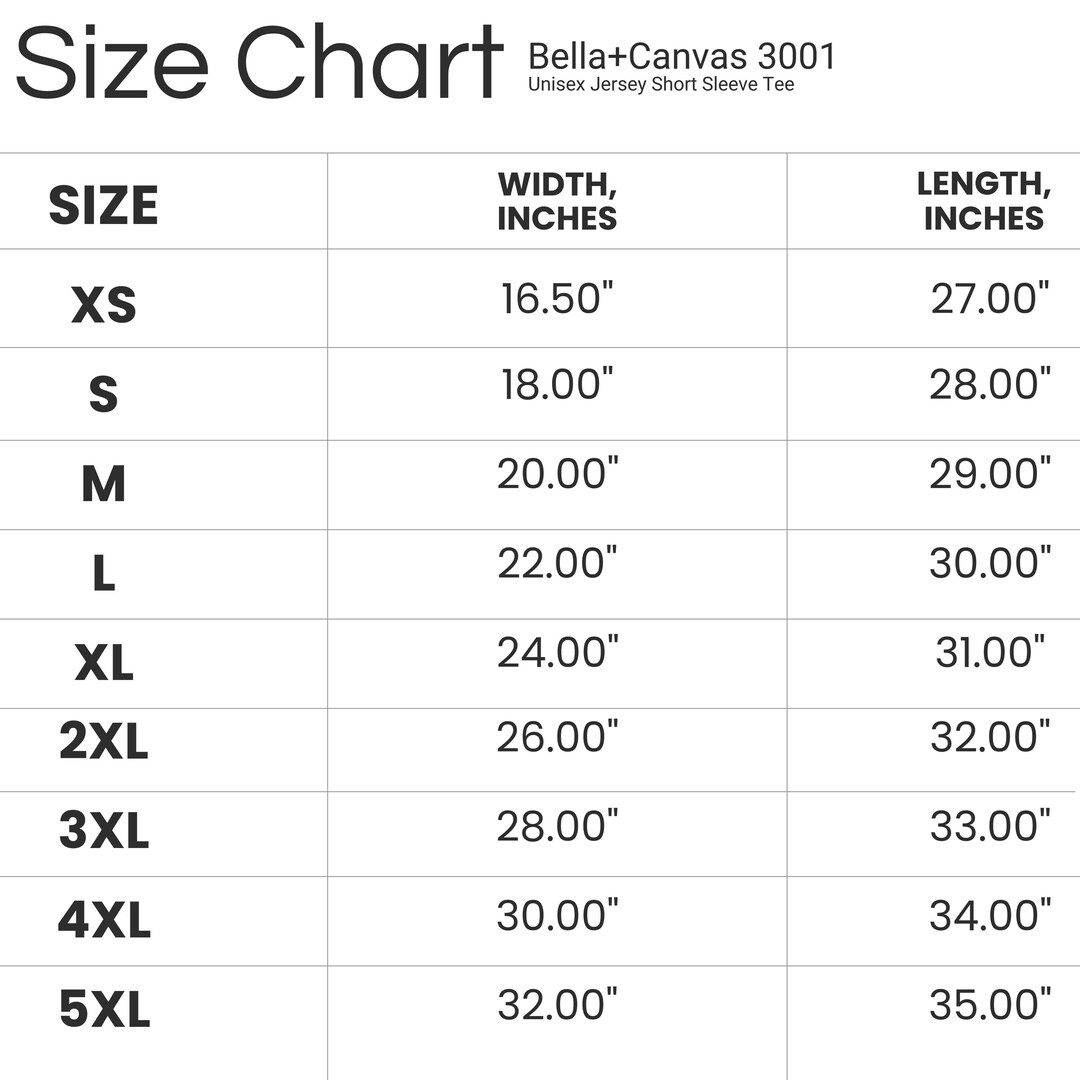 Bella Canvas 3001 Minimalist Size Chart, BC3001 Cheap Size Chart, Bella ...