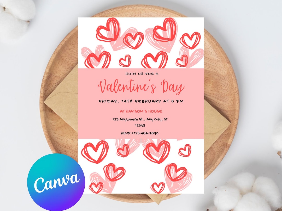 Editable Valentine's Day Dinner Invitation, Pink and Red Hearts ...