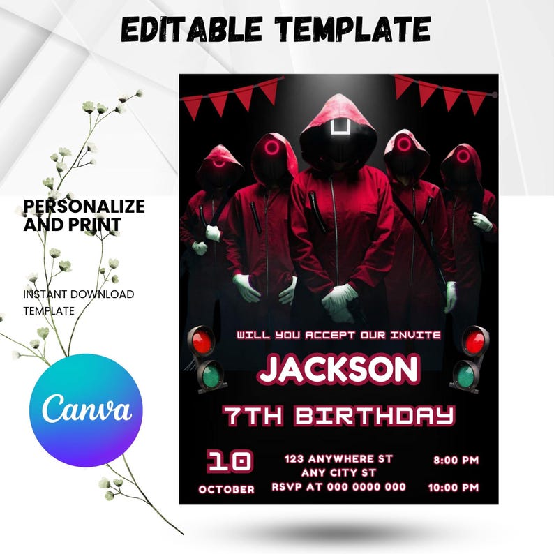 Editable Squid Games Party Invitation, Squid Game Birthday Invitation ...