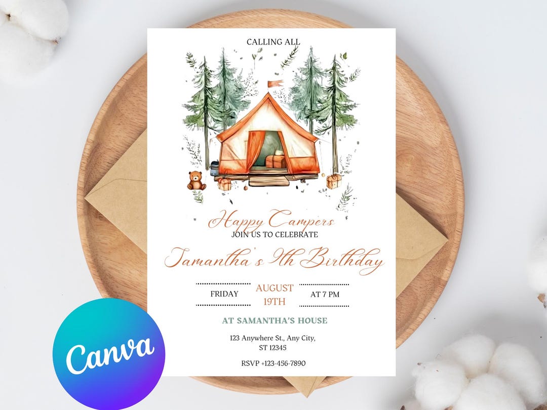 Editable Camping Birthday Invitation, Adventure Forest Camp Birthday ...