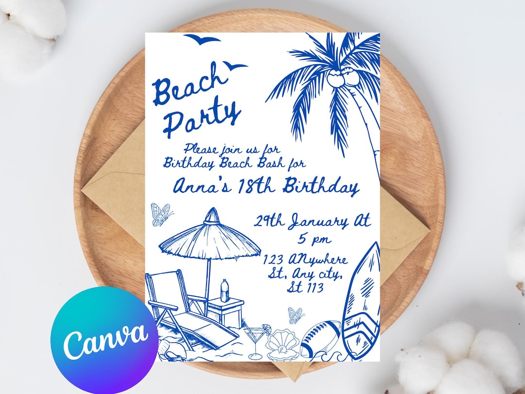 Beach Party Beach Birthday Chic Birthday Hand Drawn Invite Retro ...